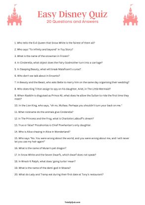 Easy Disney General Knowledge Quiz - 20 Questions and Answers