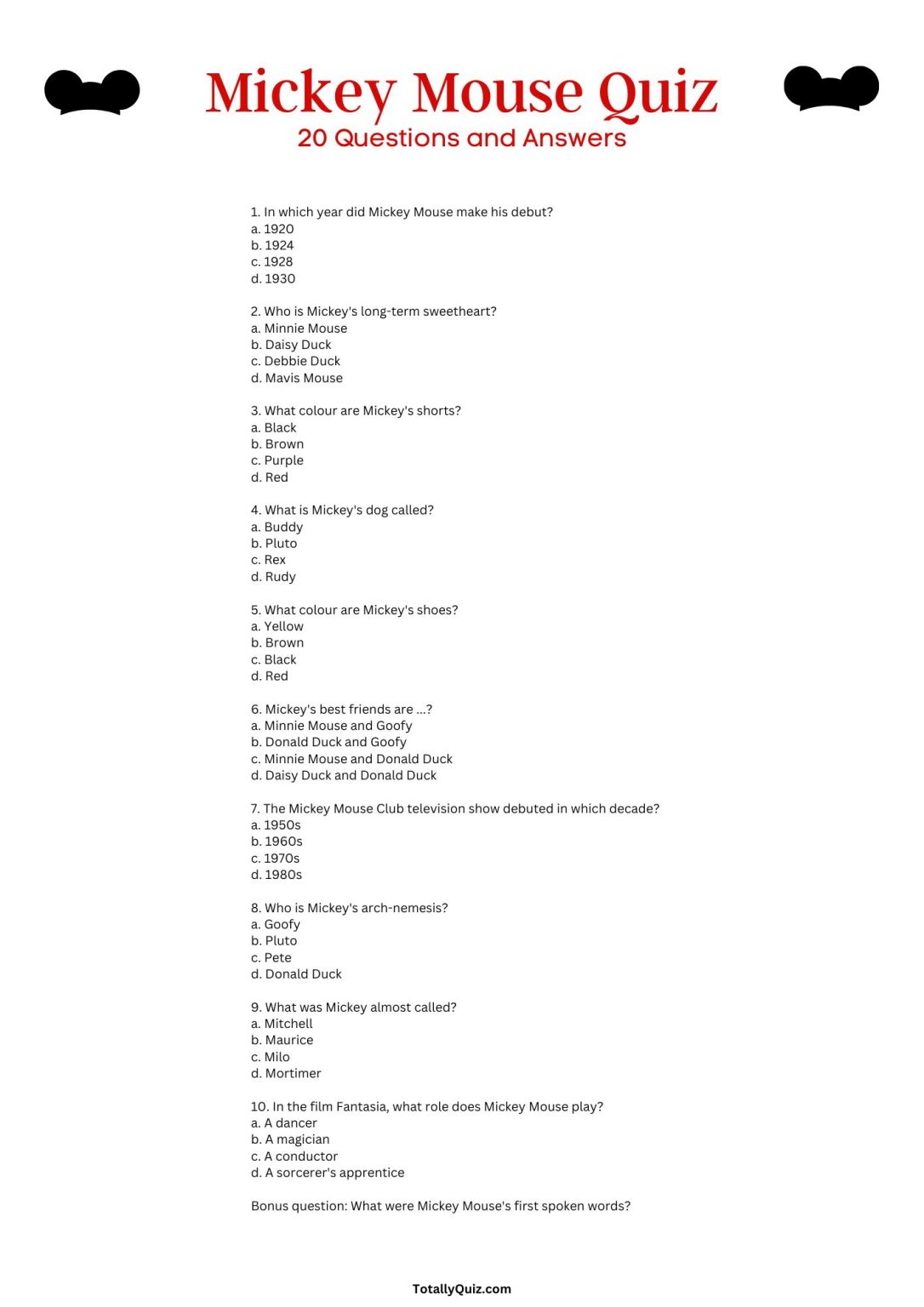 Mickey Mouse Quiz - 10 Multiple Choice Quiz Questions and Answers