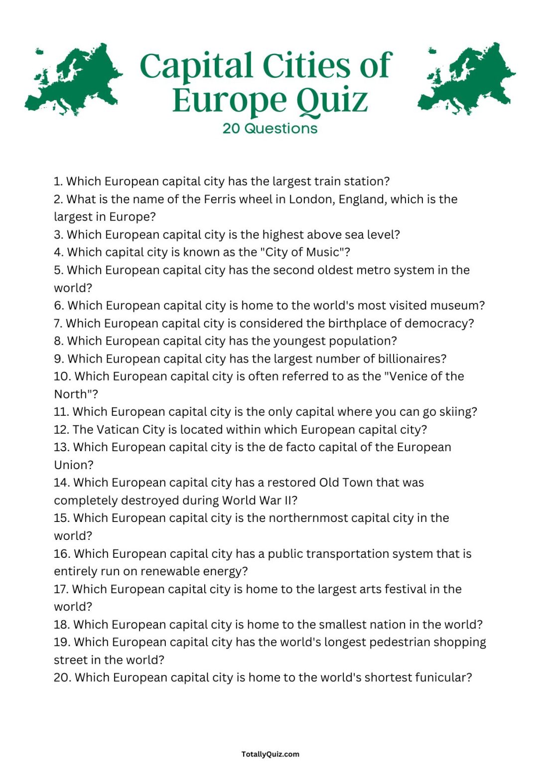 Capital Cities of Europe Quiz - 20 Questions