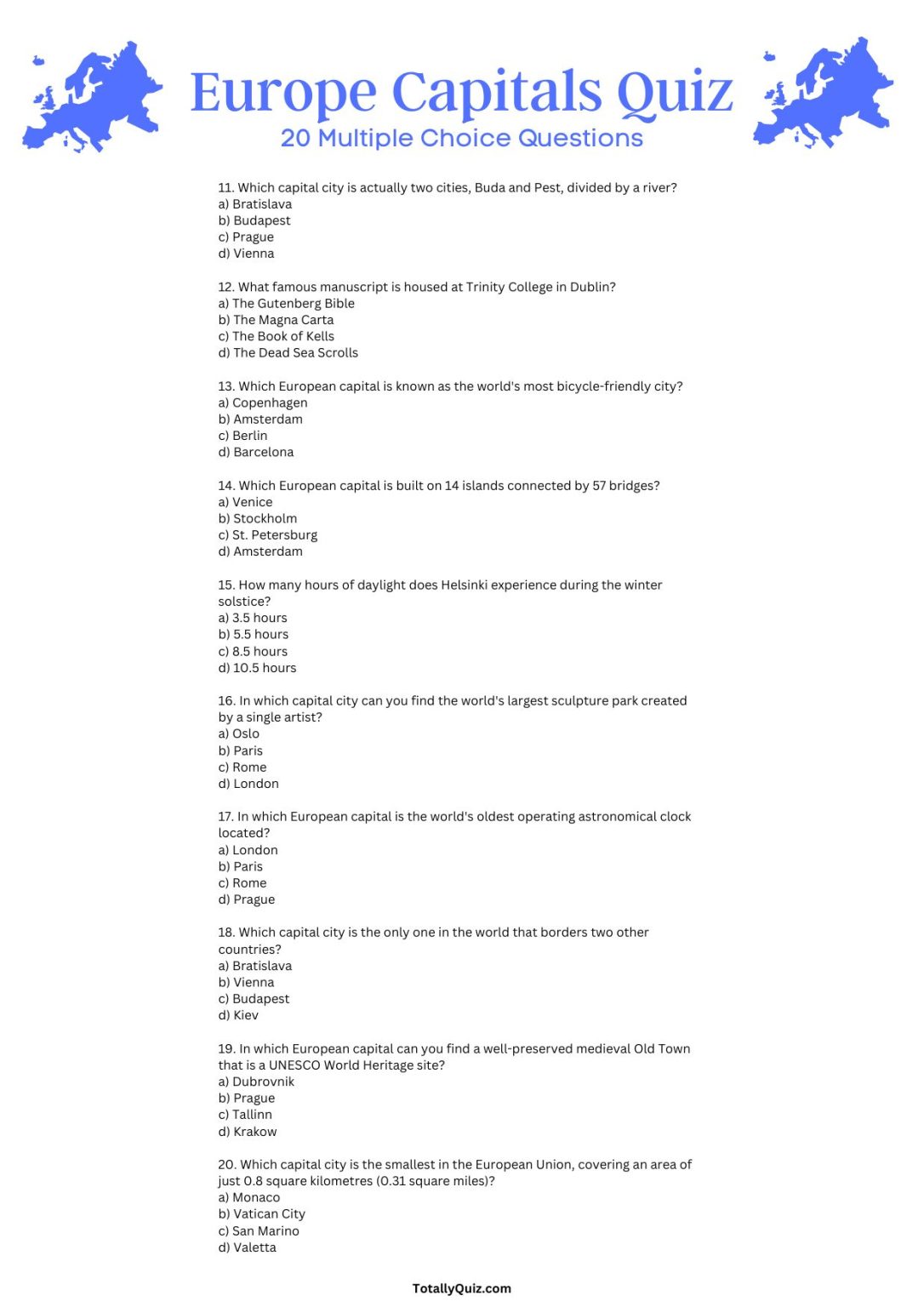 European Capital Cities Quiz - 20 Multiple Choice Questions