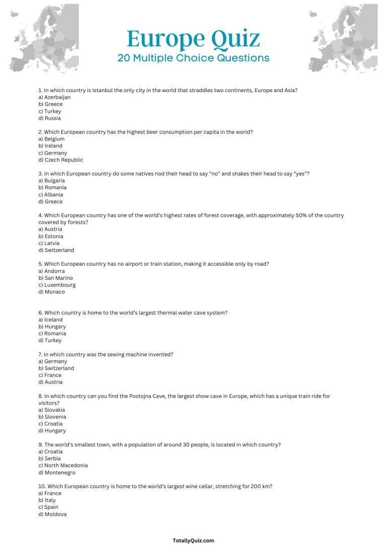 Countries of Europe Quiz - 20 Fun Multiple Choice Questions