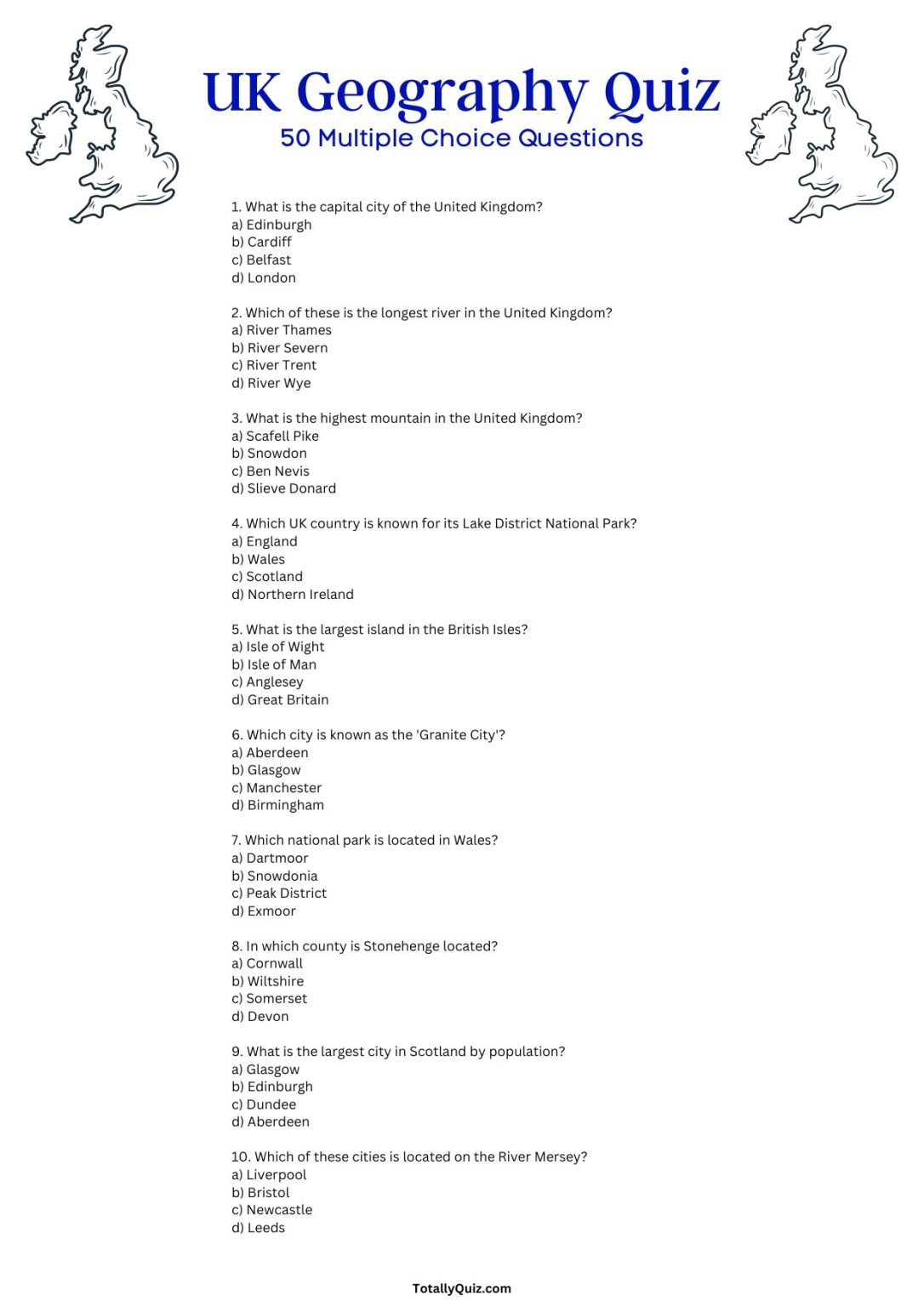 UK Geography Quiz - 50 Multiple Choice Questions (2023 edition)