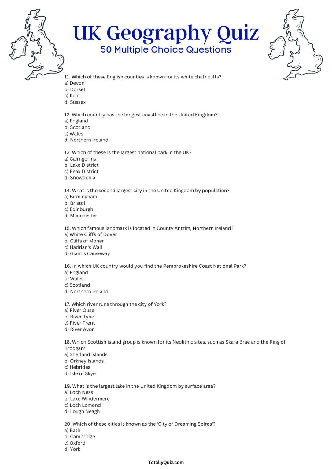 UK Geography Quiz - 50 Multiple Choice Questions (2023 edition)