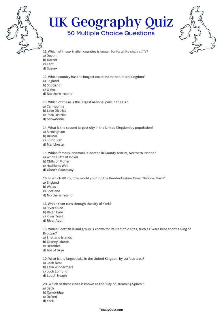 UK Geography Quiz - 50 Multiple Choice Questions (2023 edition)