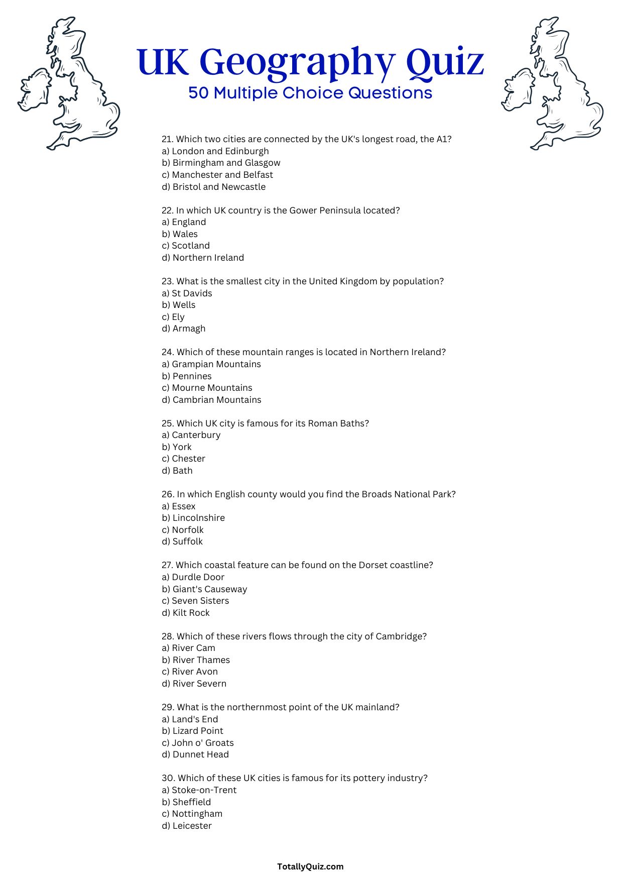 UK Geography Quiz - 50 Multiple Choice Questions (2023 edition)