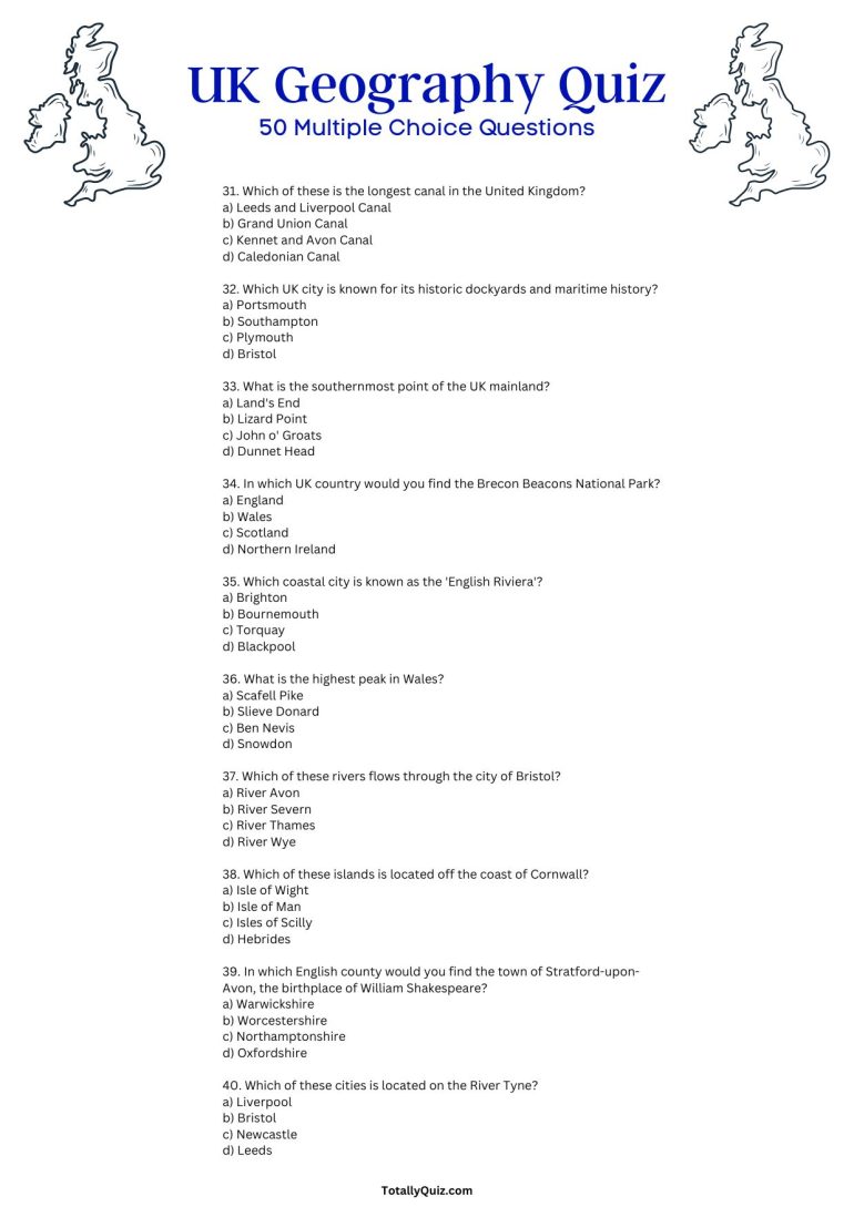 UK Geography Quiz - 50 Multiple Choice Questions (2023 edition)