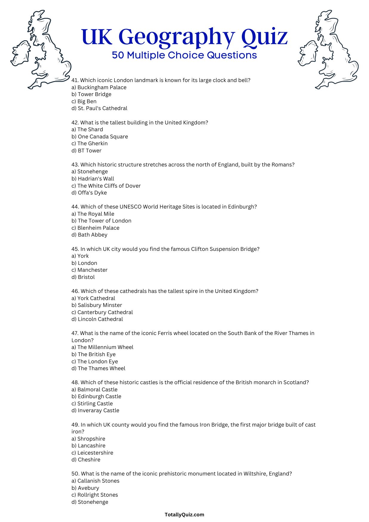 UK Geography Quiz - 50 Multiple Choice Questions (2023 edition)