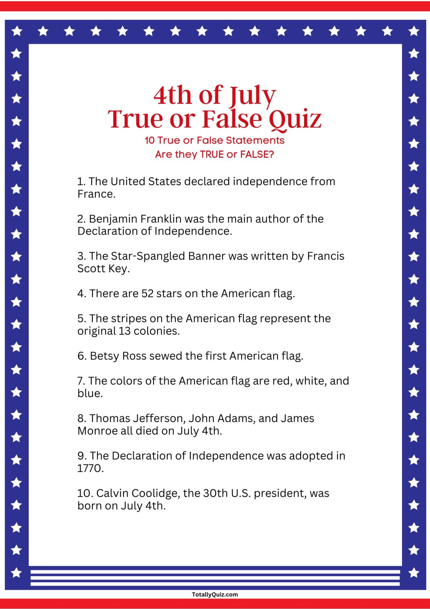4th of July: Independence Day Quiz - True or False (2023)