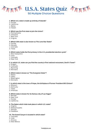 USA States Quiz: 50 Multiple Choice Questions about ALL 50 States