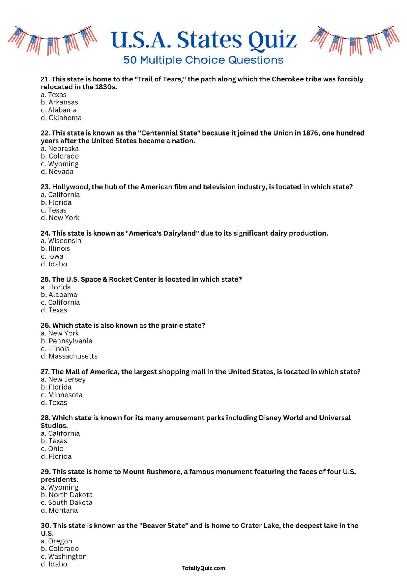 USA States Quiz: 50 Multiple Choice Questions about ALL 50 States