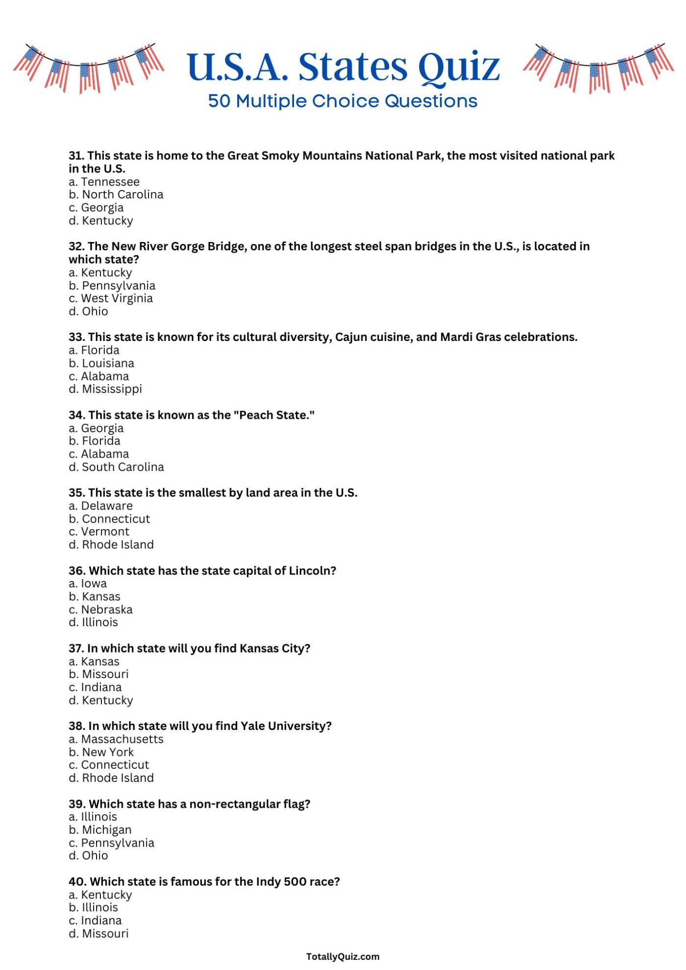 USA States Quiz: 50 Multiple Choice Questions about ALL 50 States