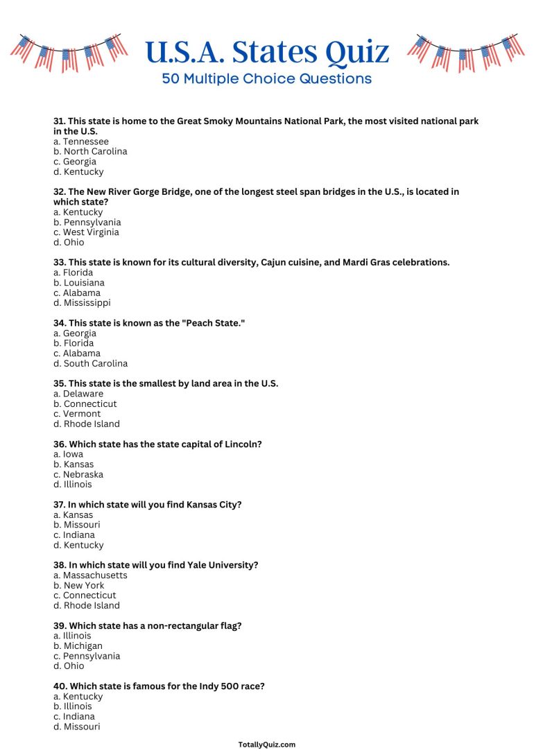 USA States Quiz: 50 Multiple Choice Questions about ALL 50 States